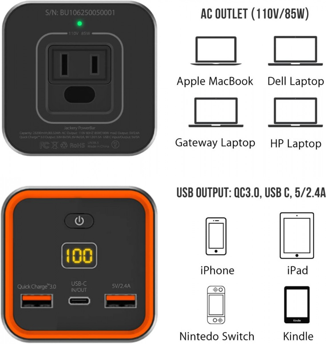JACKERY UPS Portable Power Station PowerBar 77Wh/20800mAh 85W Lithium ...